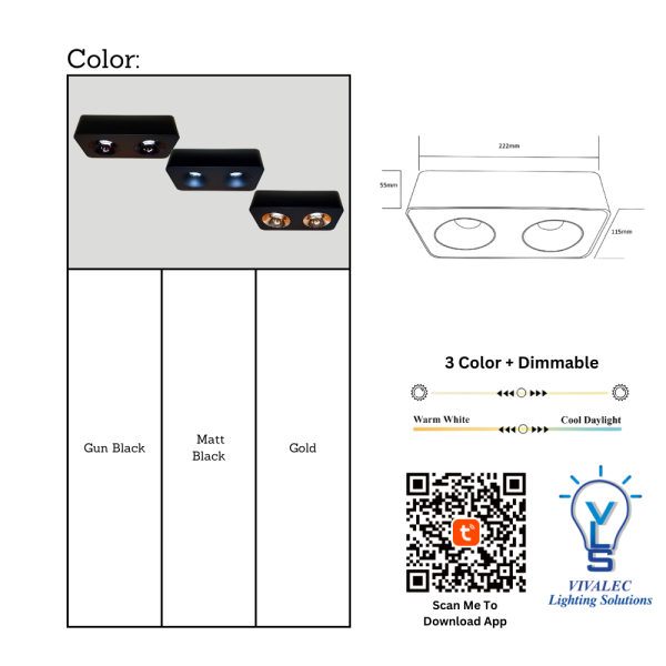 ORITZ VLS AI Smart LED Surface Square 2x12W 3C Die-Cast Body 24D (Black ...