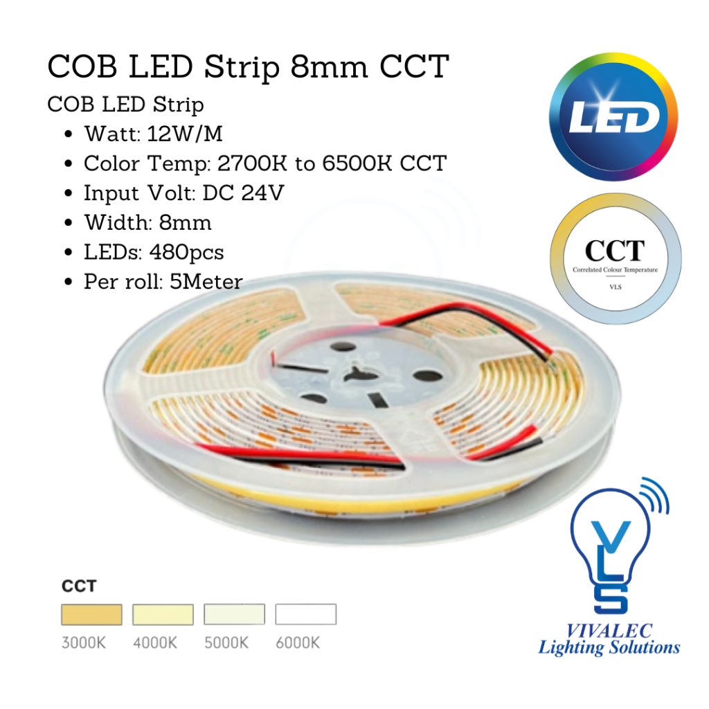 COB CCT LED Strip 8mm 12W 24V (480pcs) - Vivalec Lighting Sdn Bhd