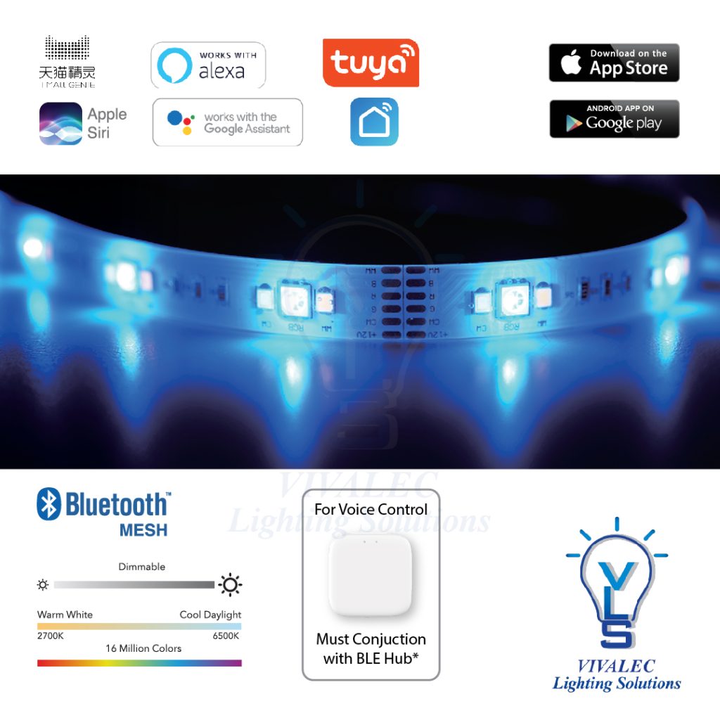 RETOUCH TUYA 5M 24V LED Strip RGB+CCT BLUETOOTH SIGMESH(Dimmable) With ...