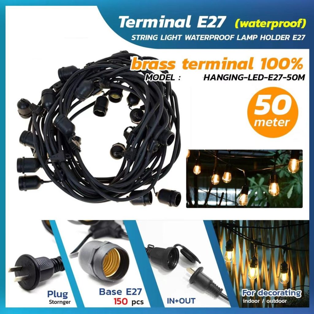 STRING LIGHT CABLE E27 LAMP HOLDER WATERPROOF 10M 15M 50M iwachi ...