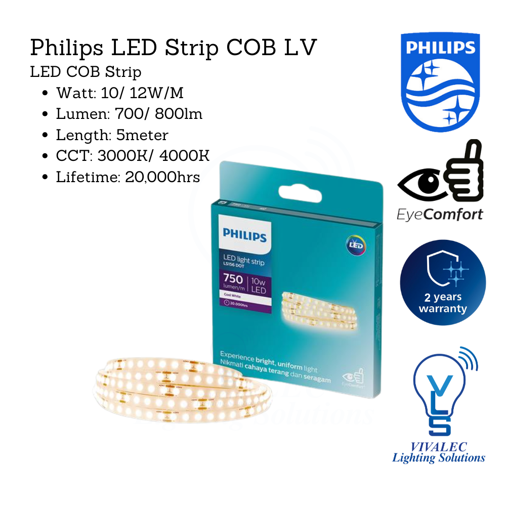 Philips Low Voltage COB Linear LED Strip (LS156) - 10W/m / 12W/m, 3000K ...